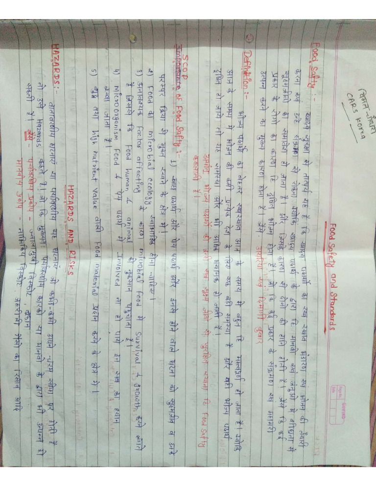 Handwritten Food Safety and Standaurds by Vimal Choudhri | PDF