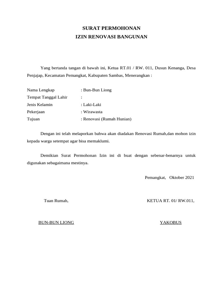 Surat Izin Renovasi Rumah Bun-Bun Liong | PDF