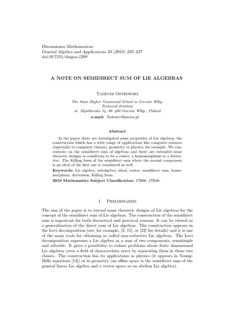 A Note On Semidirect Sum of Lie Alg | PDF | Lie Algebra | Vector Space