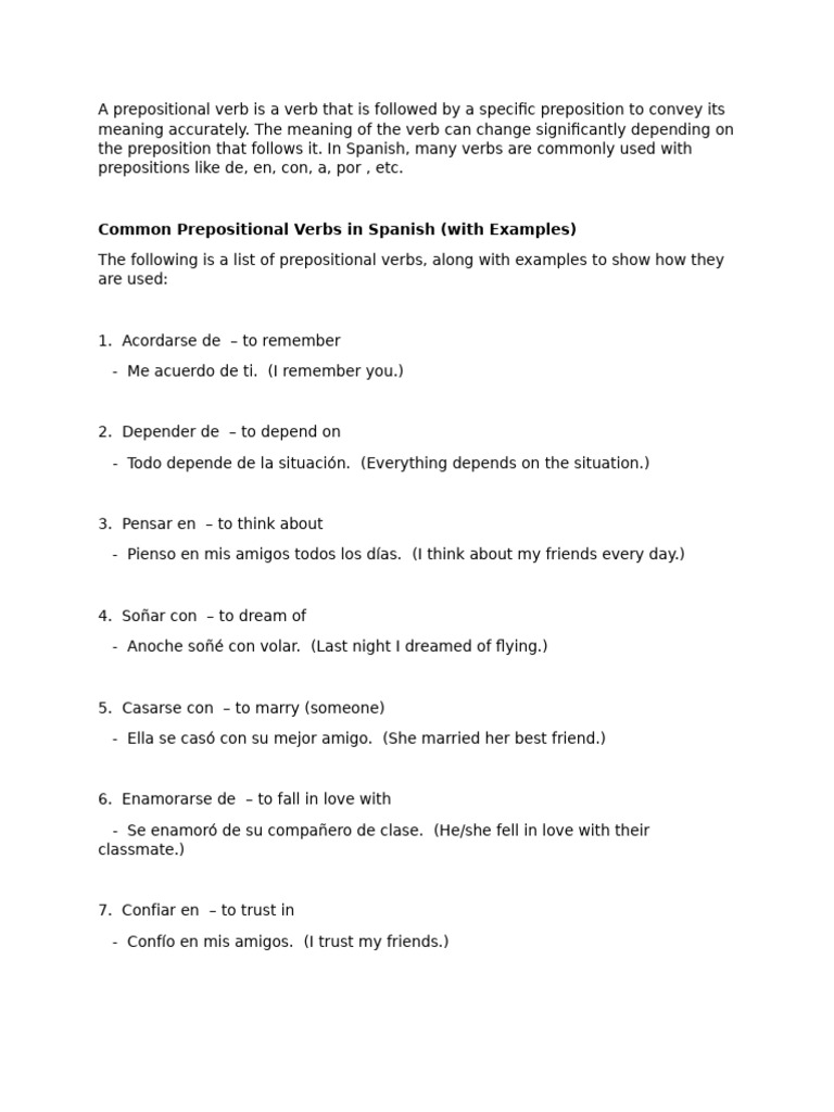 Common Prepositional Verbs - Spanish Csec | PDF