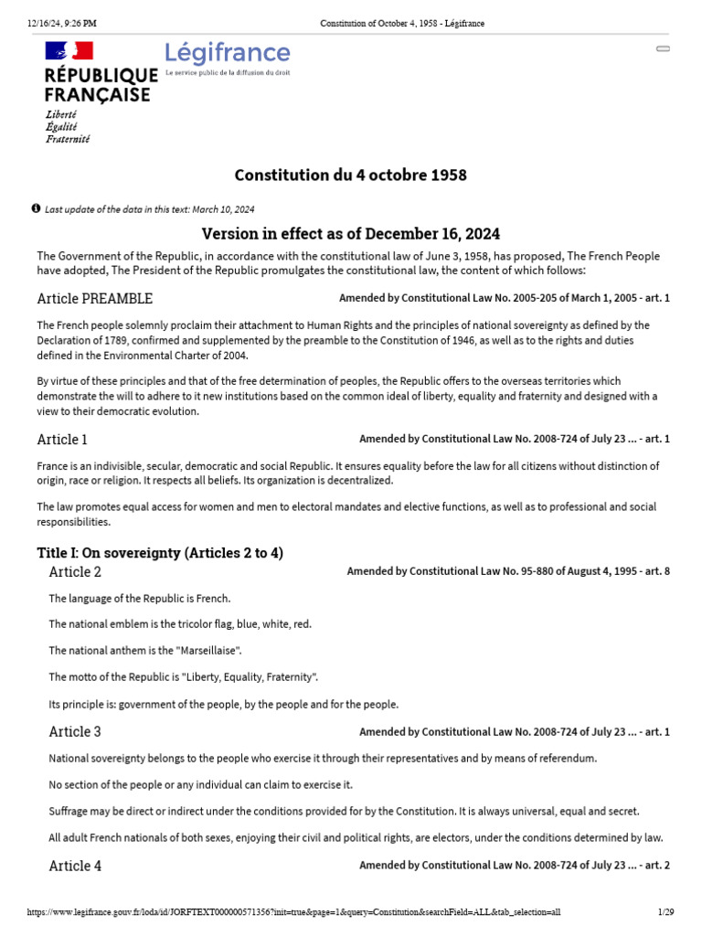 France Constitution | PDF | Constitutional Amendment | Bill (Law)