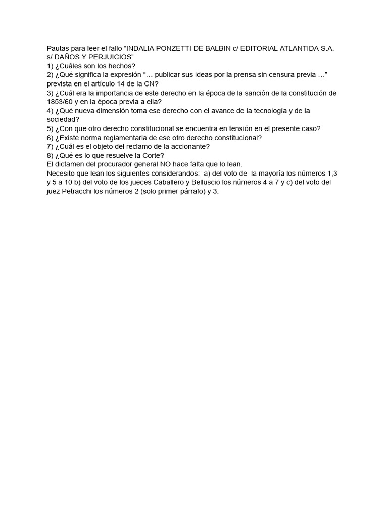 Pautas para Leer El Fallo "INDALIA PONZETTI DE BALBIN C - EDITORIAL ATLANTIDA S | PDF