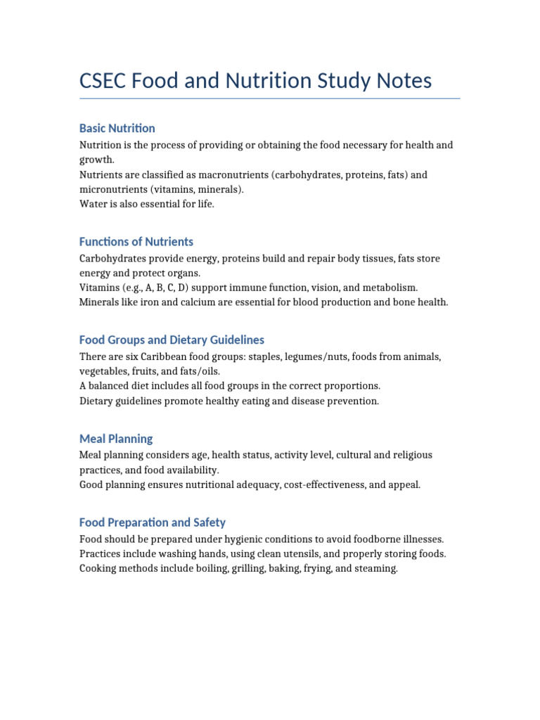 CSEC Food and Nutrition Study Notes | PDF