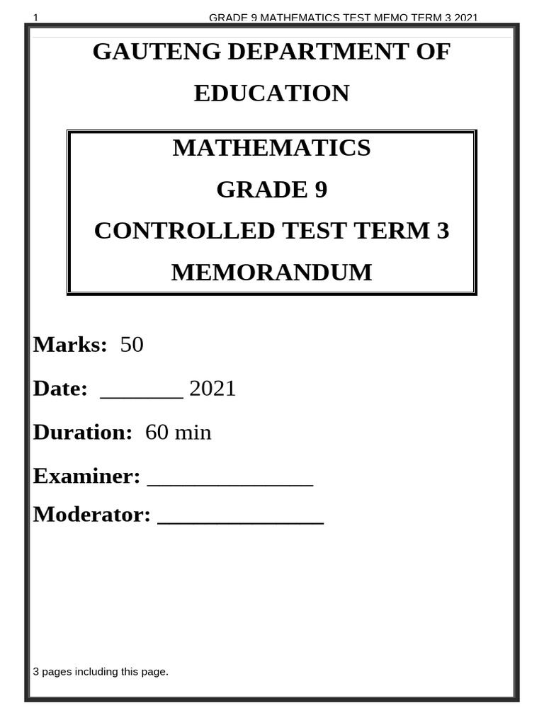 Grade 9 Question Paper Memo | PDF | Mathematics
