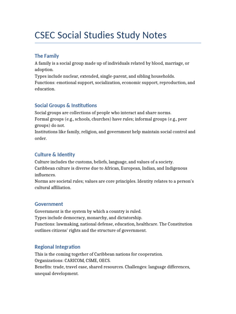 CSEC Social Studies Study Notes | PDF