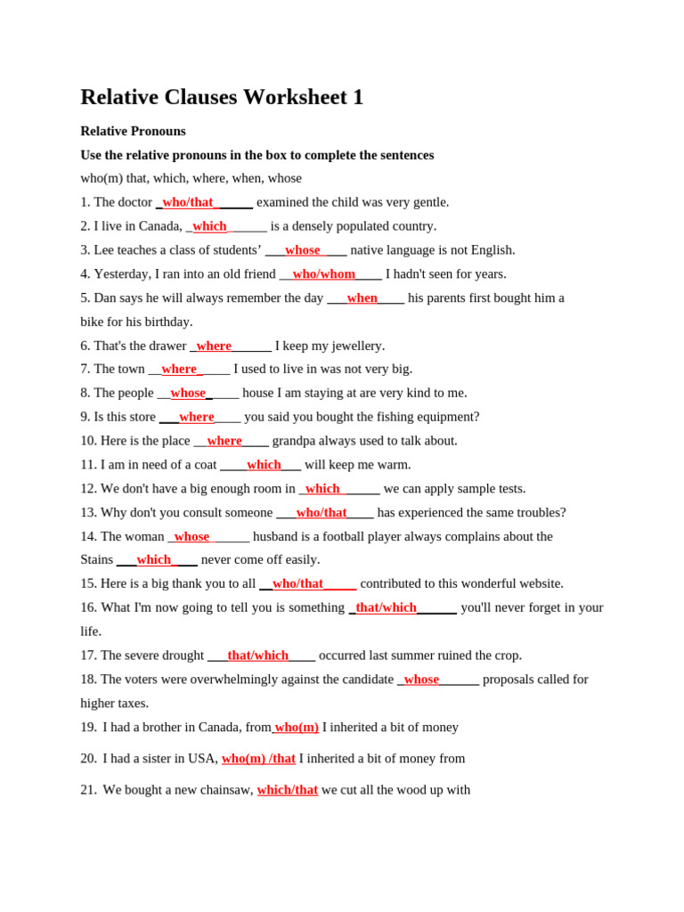 Relative Clauses Exercises with Answers | PDF