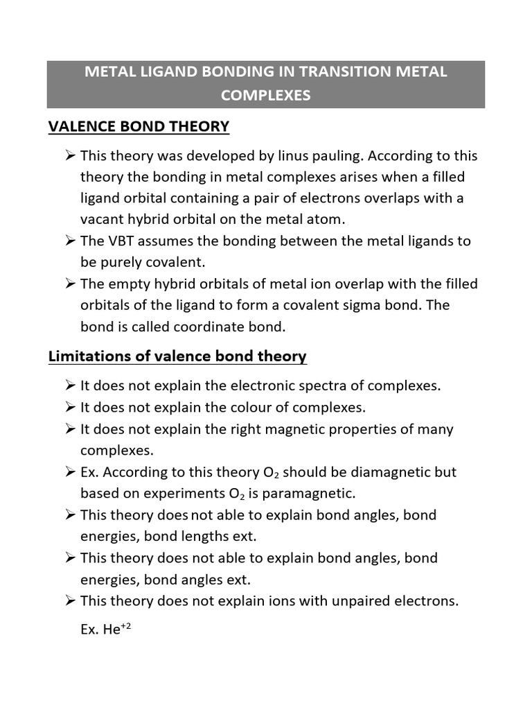 Metal ligand bonding in transition metal complexes1 (1) | PDF | Chemical Bond | Coordination Complex