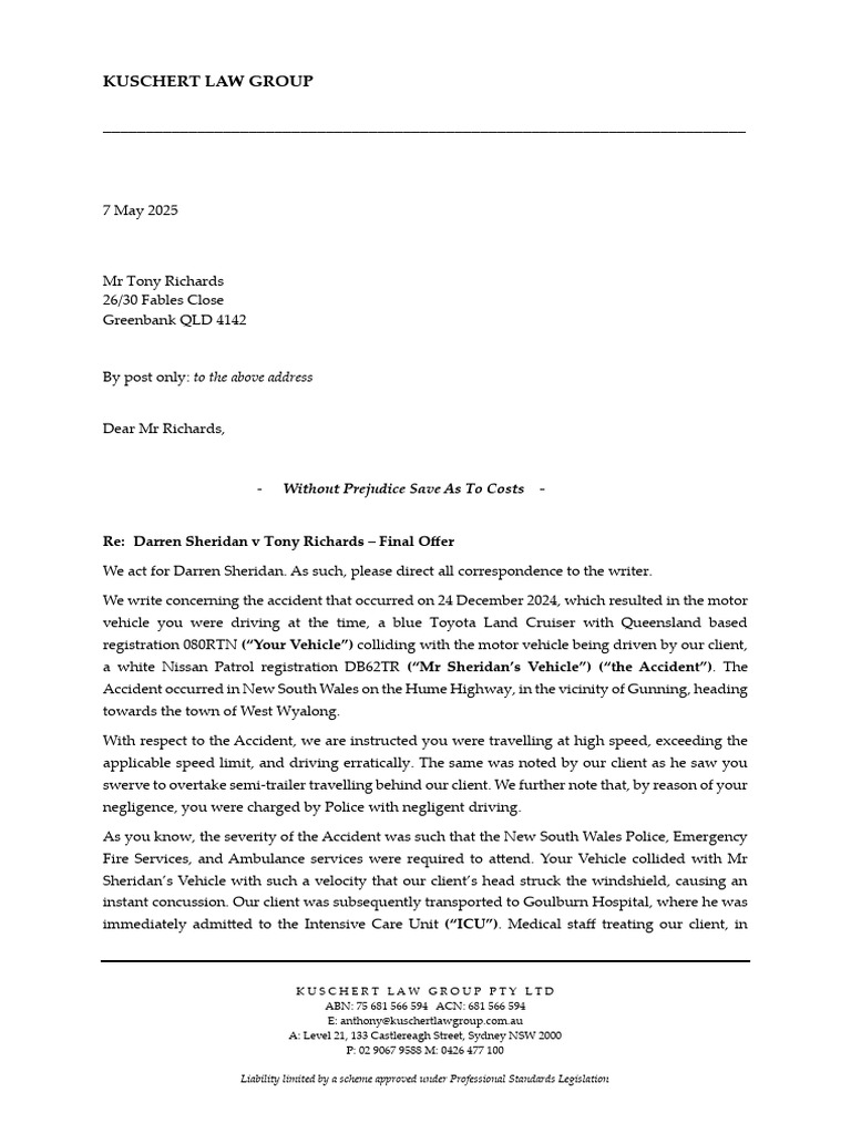 Richards Ats Sheridan - Letter of Offer (Without Prejudice) | PDF