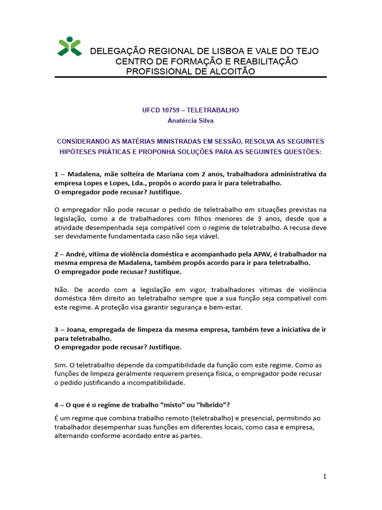 Ficha de Trabalho 3 Teletrabalho Casos Prátic | PDF