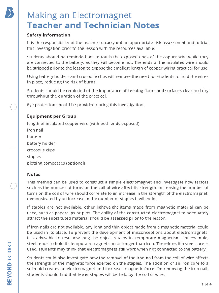 Making an Electromagnet Teacher and Technician Notes | PDF | Magnetism ...