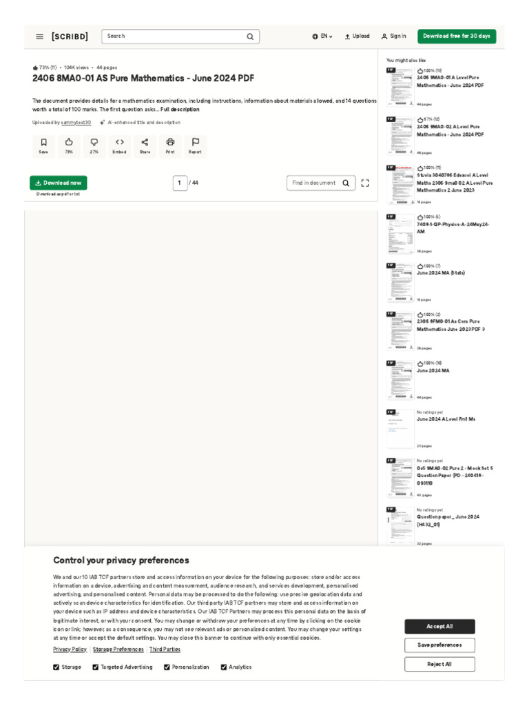 WWW Scribd Com Document 737025774 2406 8MA0 01 AS Pure Mathematics June 2024 PDF | PDF | Http ...