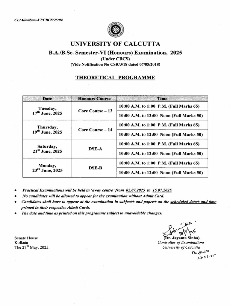 Theoretical Programme of B.A. - B.sc. - B.com. Sem.-Vi (Hons. - Gen. & Major) Exam. 2025, (Under ...