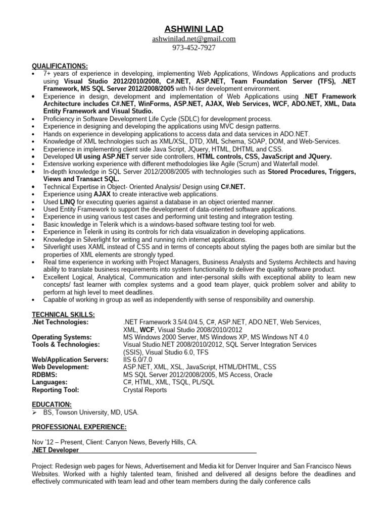 Ashwini - Lad - C# Net - WCF - NJ - BK | PDF | Microsoft Sql Server | World Wide Web