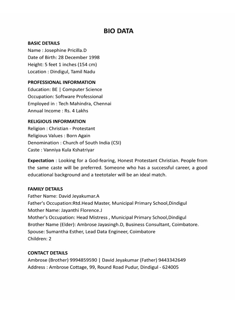 Josephine Pricilla Bio Data | PDF