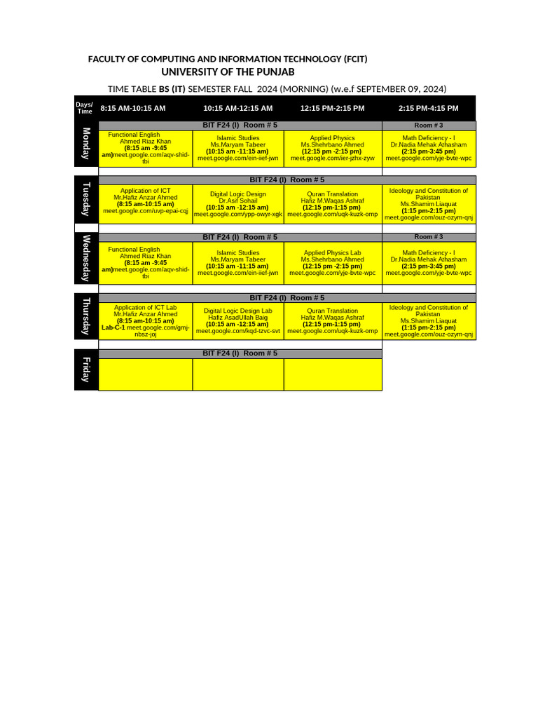 First Semester Old Campus Time Table Fall 2024 | PDF