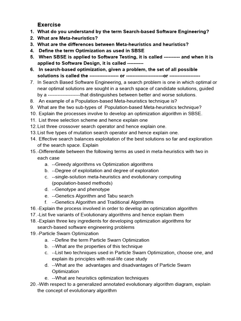 Search-Based Engineering Exercises | PDF | Genetic Algorithm | Metaheuristic