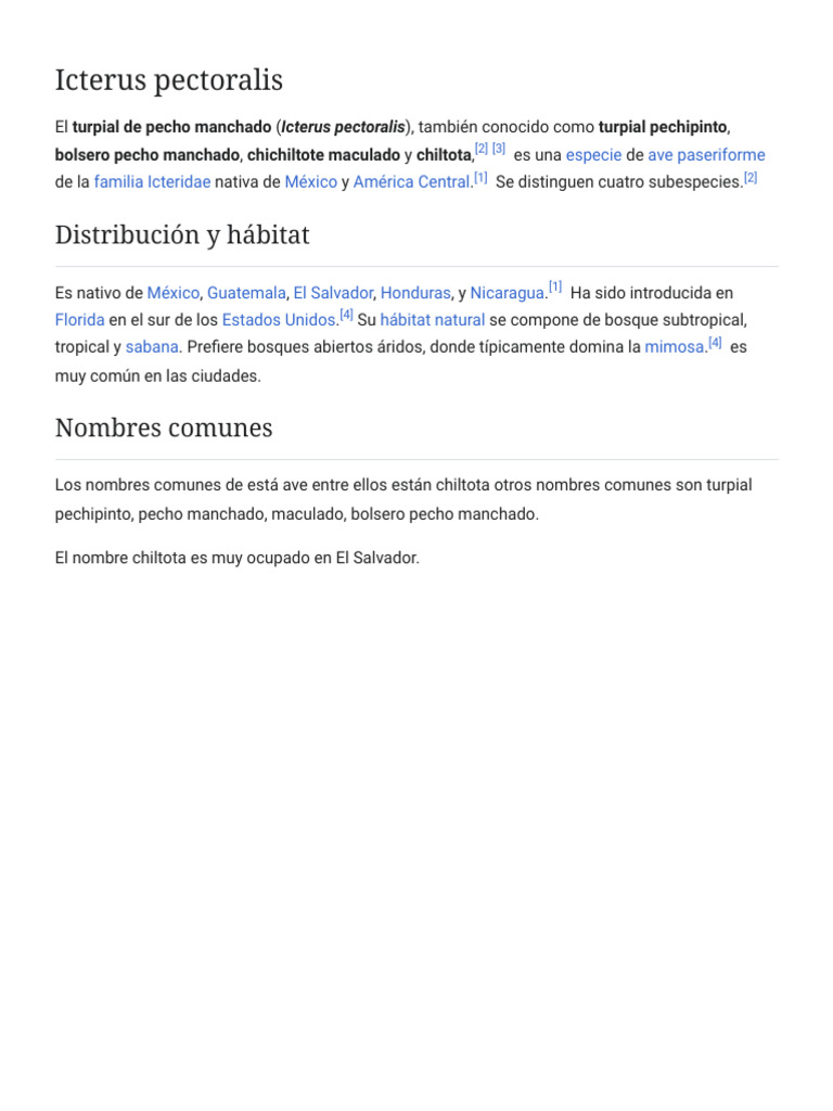 Chiltota (Icterus Pectoralis) - Wikipedia | PDF | Aves holarctic ...