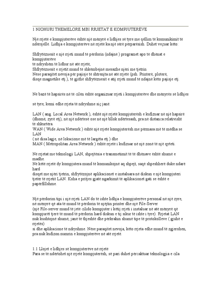 1 Njohuri Themelore Mbi Rrjetat e Kompjuterëve | PDF