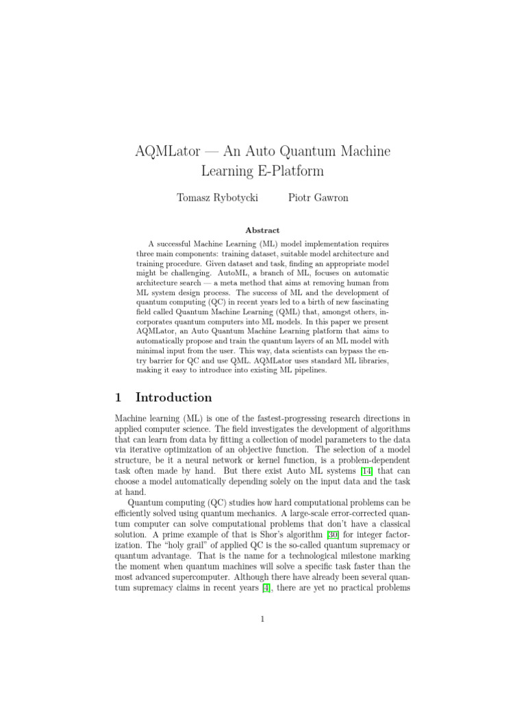 AQMLator - An Auto Quantum Machine Learning E-Platform | PDF | Quantum Computing | Machine Learning