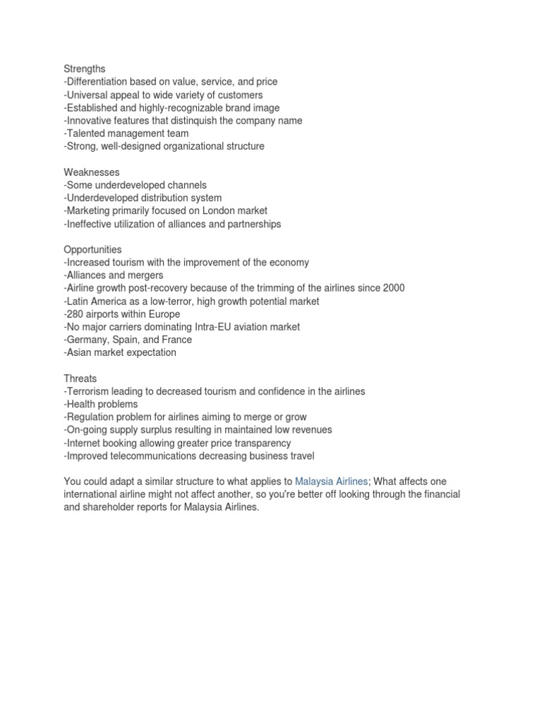 Swot Analysis | PDF | Airlines | Swot Analysis