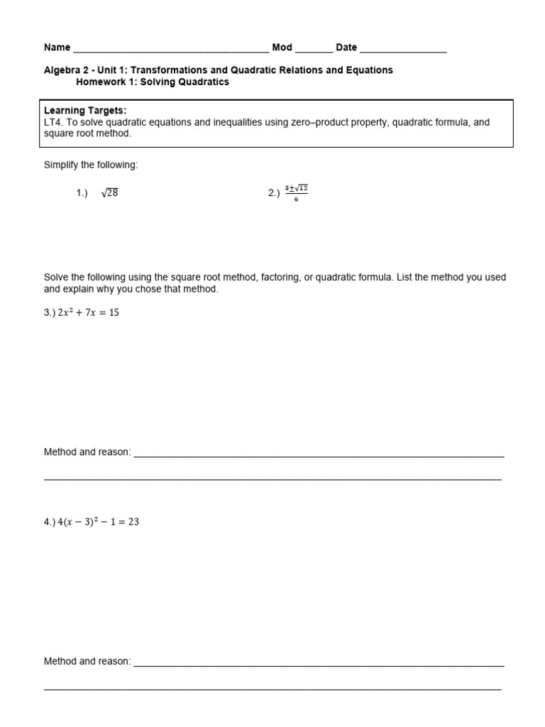 Alg2.U1.L1.Solving Quadratics Homework | PDF