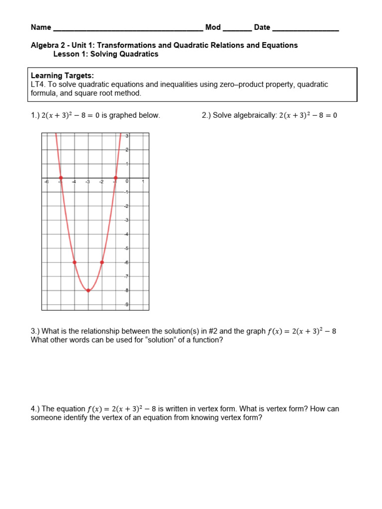 Alg2.U1.L1.Solving Quadratics Lesson | PDF