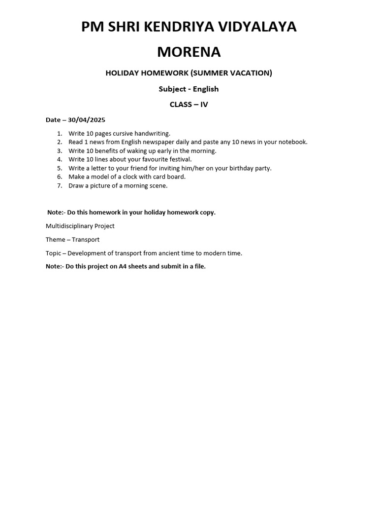 Class 4 Holiday Homework | PDF