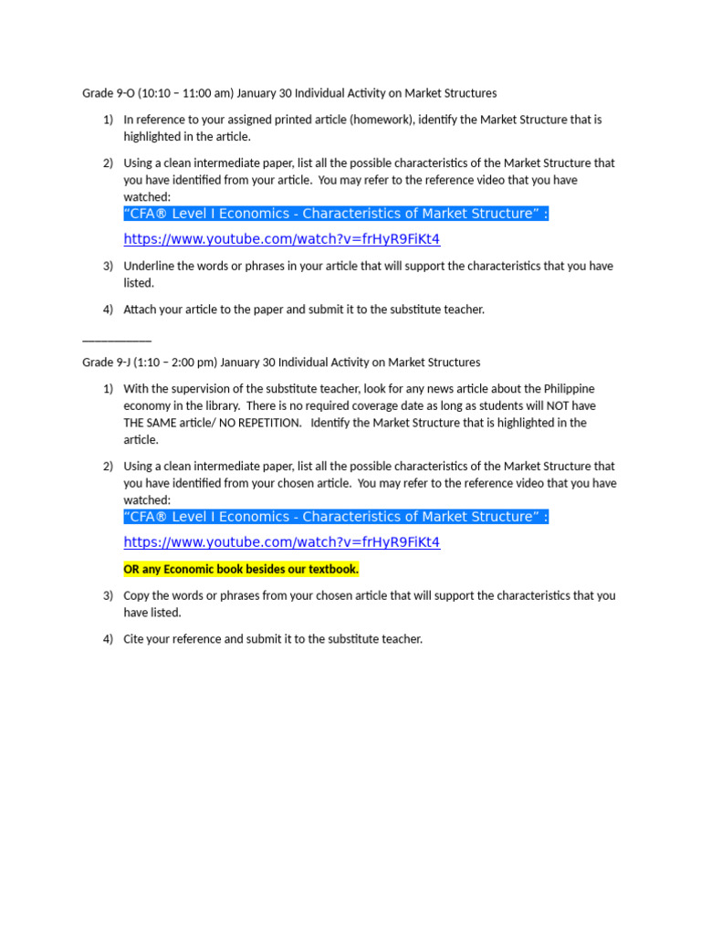 Grade 9 O J January 30 Individual Activity On Market Structures | PDF