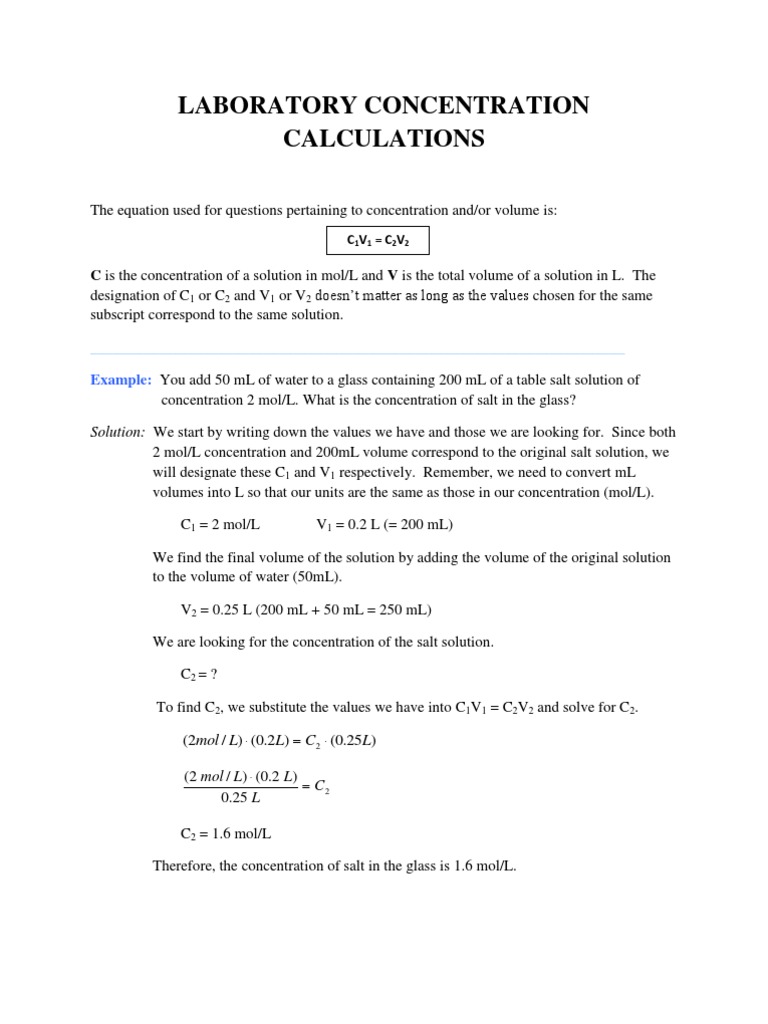 Laboratory Concentration Calculations Solution Concentration