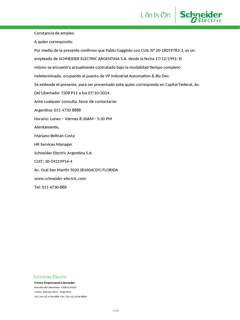 Constancia de Empleo de Pablo Gaggiolo | PDF