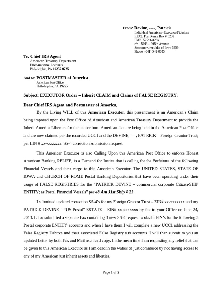 Example Letter To IRS Postmaster of America | PDF