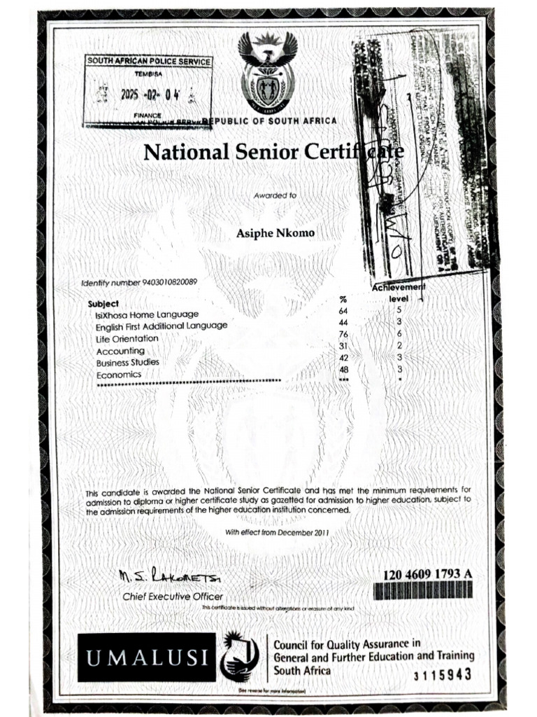 Matric Cert | PDF