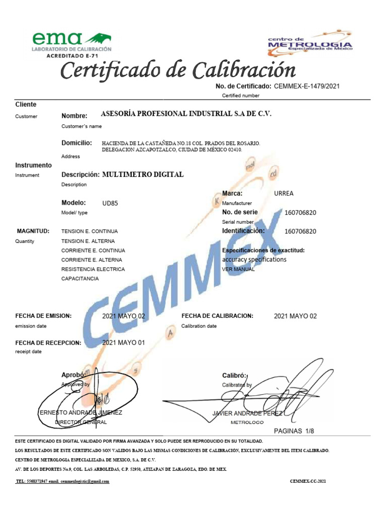 Certificado Multimetro Digital | PDF | Metrología | Calibración