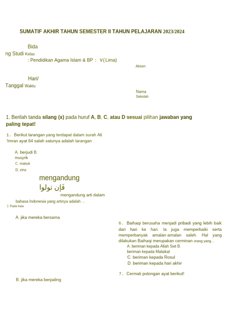 Soal PAI Kelas 5 Kurmer Semester 2 | PDF