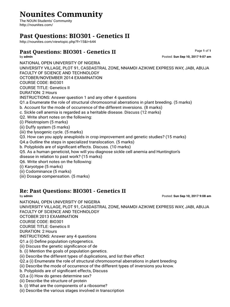 Past Questions - BIO301 - Genetics II | PDF | Genetics | Karyotype