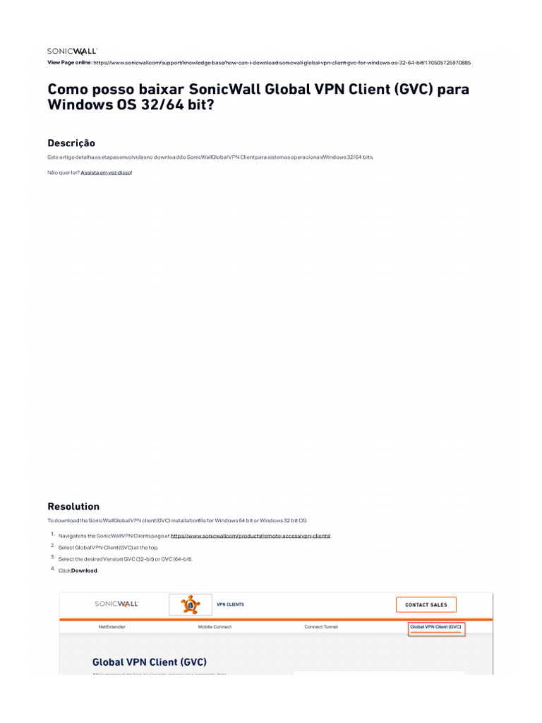 How Can I Download SonicWall Global VPN Client (GVC) For Windows OS 32 - 64 Bit | PDF