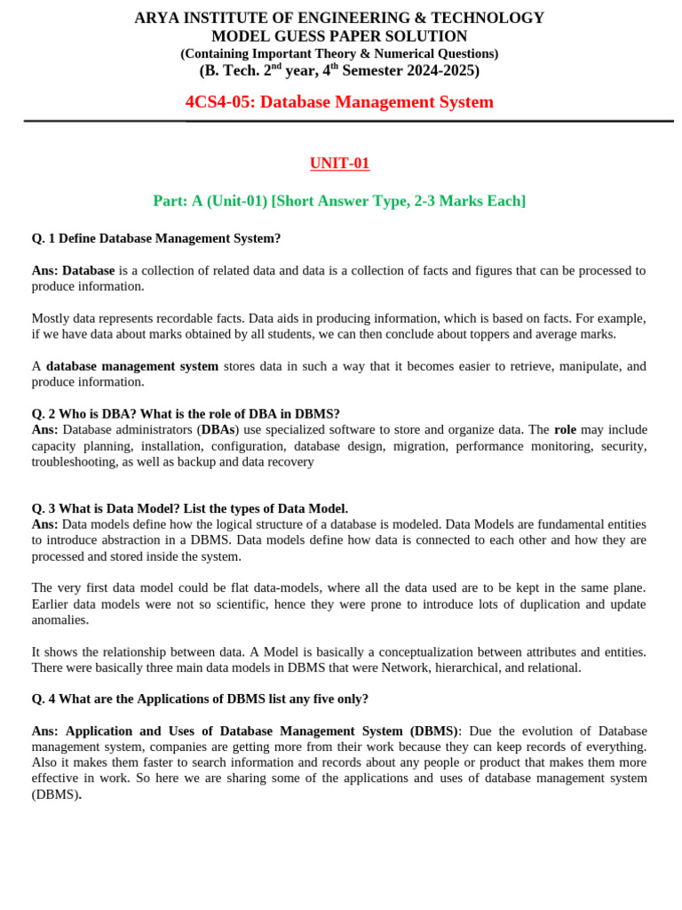 DBMS(4CS4-05)-Solution-Model Guess Paper | PDF | Databases | Relational Model