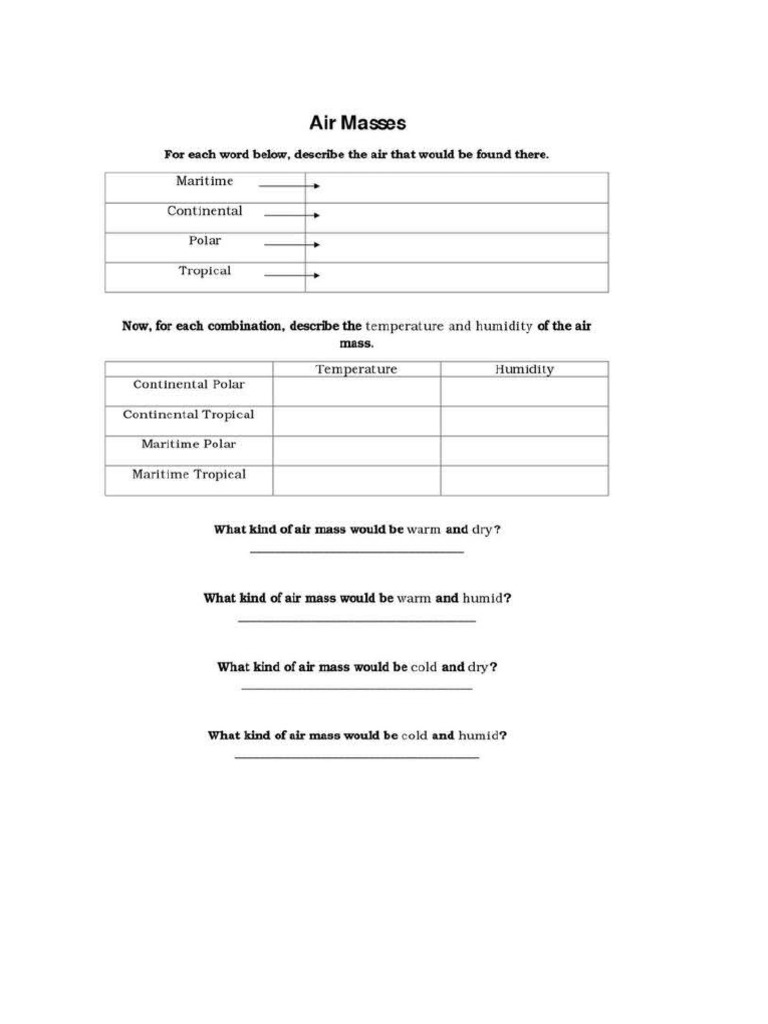 Air Masses Activity | PDF