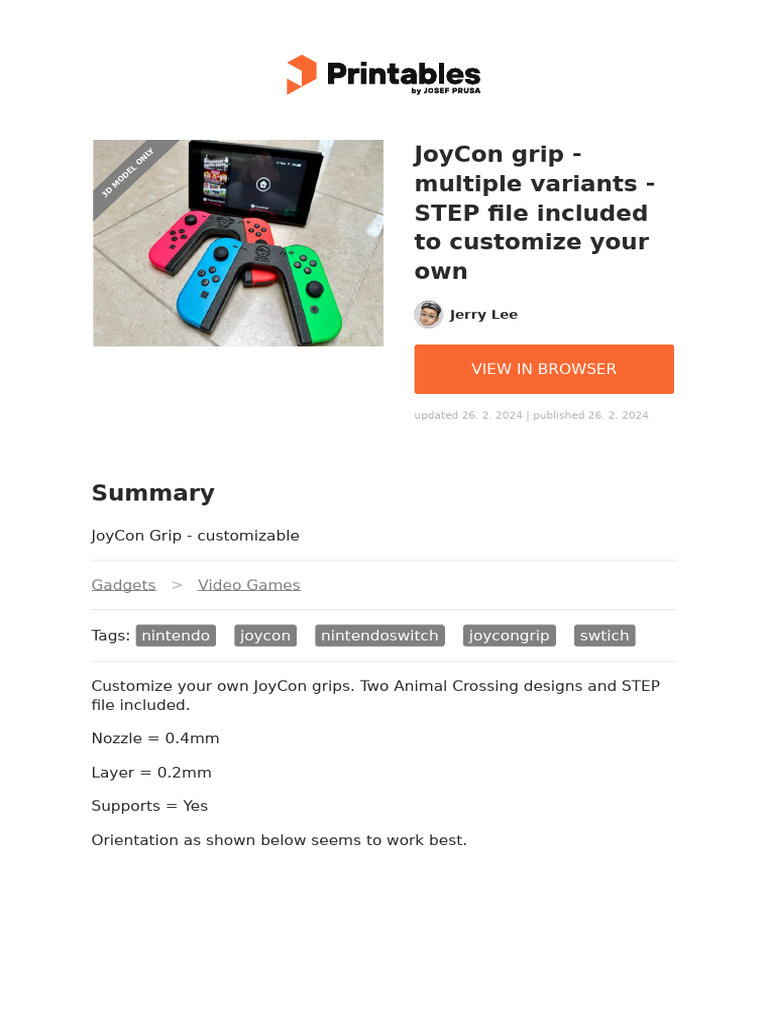 Joycon Grip Multiple Variants Step File Included To Customize Your Own ...