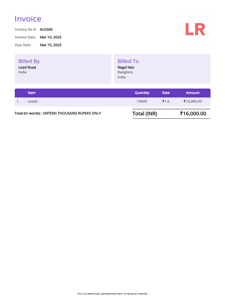Invoice Ald305 Lead Road Regal Nex | PDF