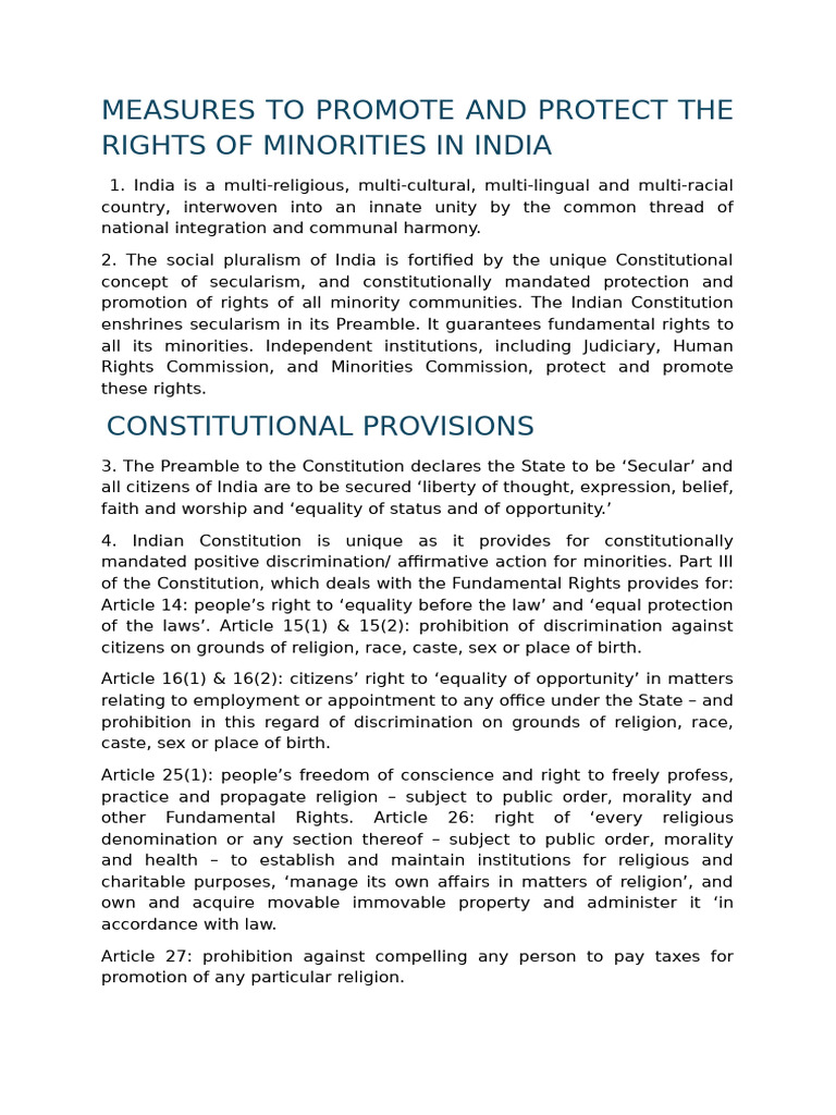 Measures To Promote and Protect The Rights of Minorities in India | PDF ...