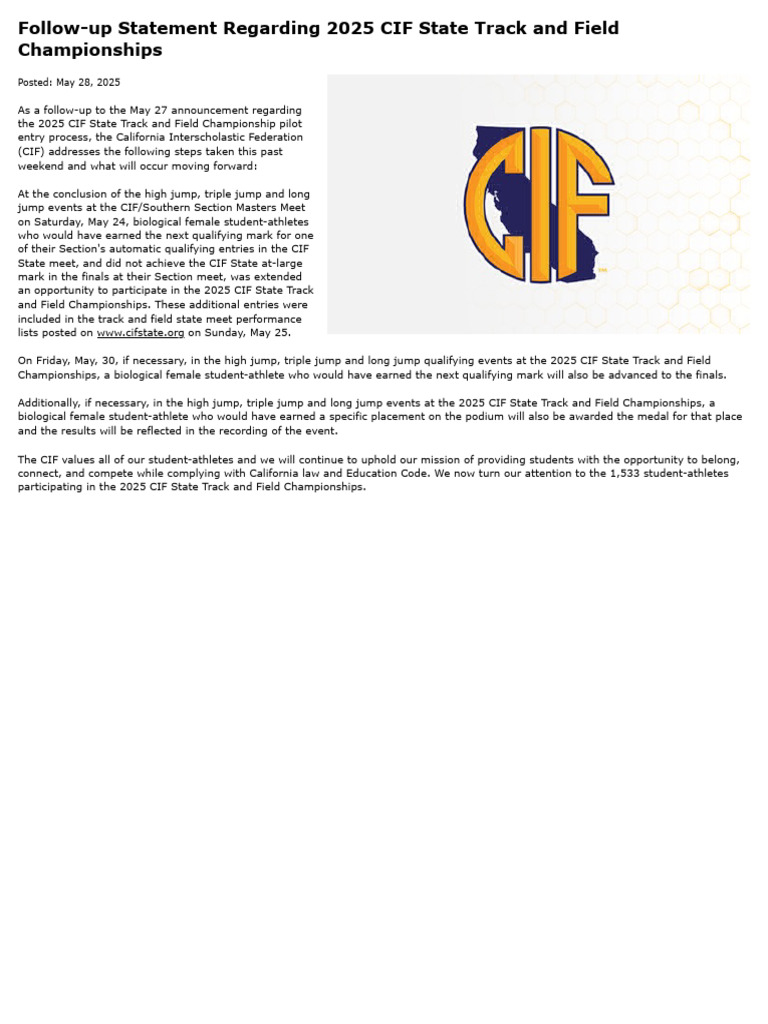 Follow-Up Statement Regarding 2025 CIF State Track and Field ...