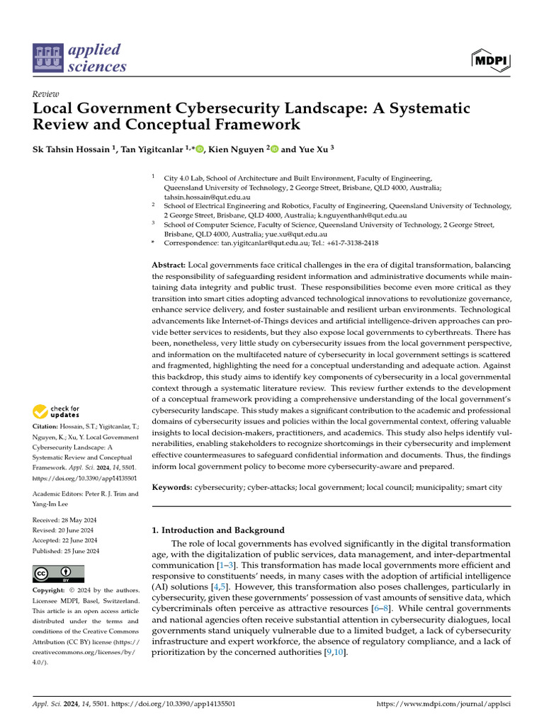 Applied Sciences: Local Government Cybersecurity Landscape: A Systematic Review and Conceptual ...