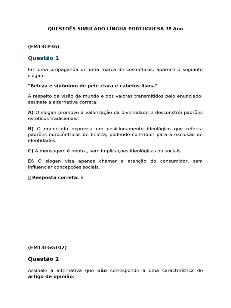 Questões LP Simulado 3º Ano | PDF