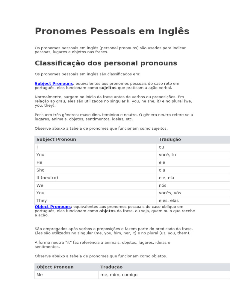 Pronomes Pessoais em Inglês | PDF | Morfologia linguística | Sintaxe
