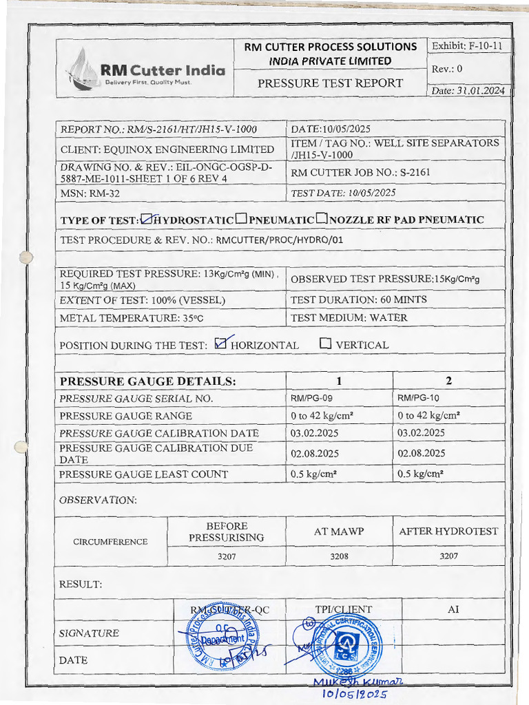 RM-32 Hydrotest & Pneumatic Test Report 10.05.202 | PDF