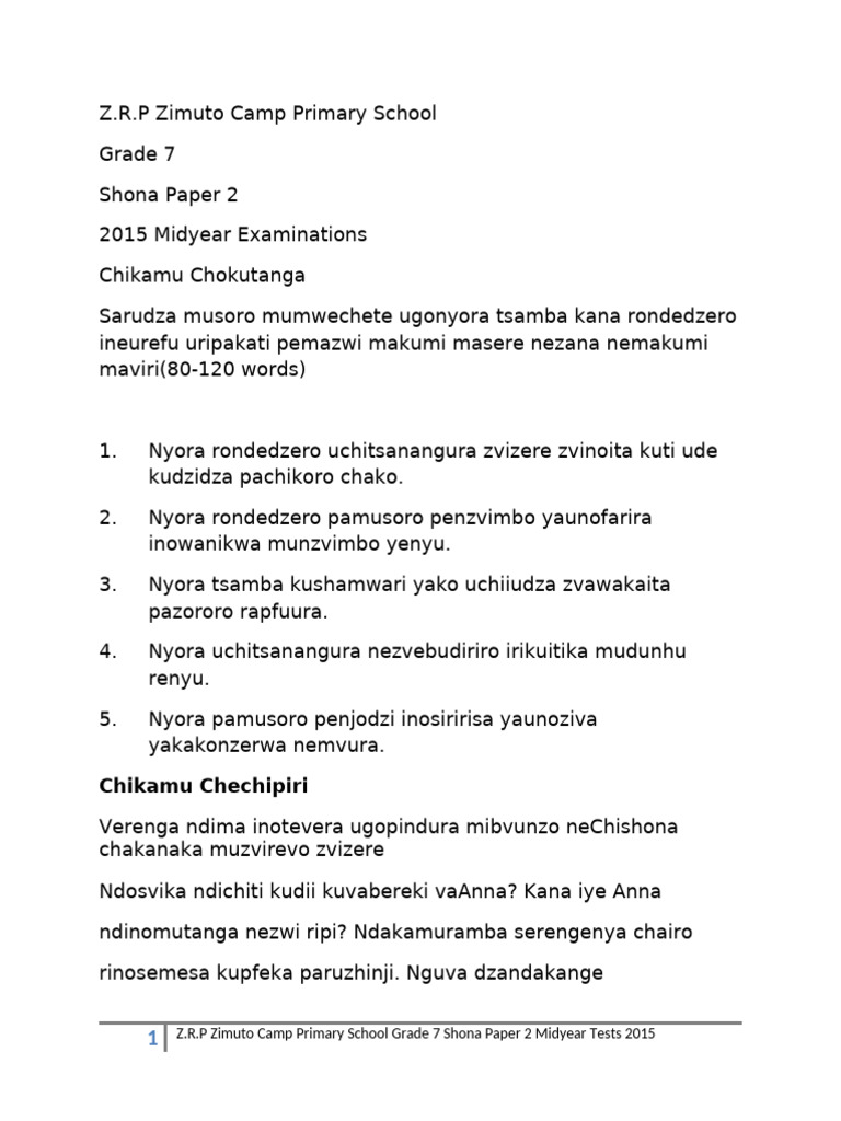 Grade 7 Shona Paper 2 2015 | PDF | Chess Theory | Chess