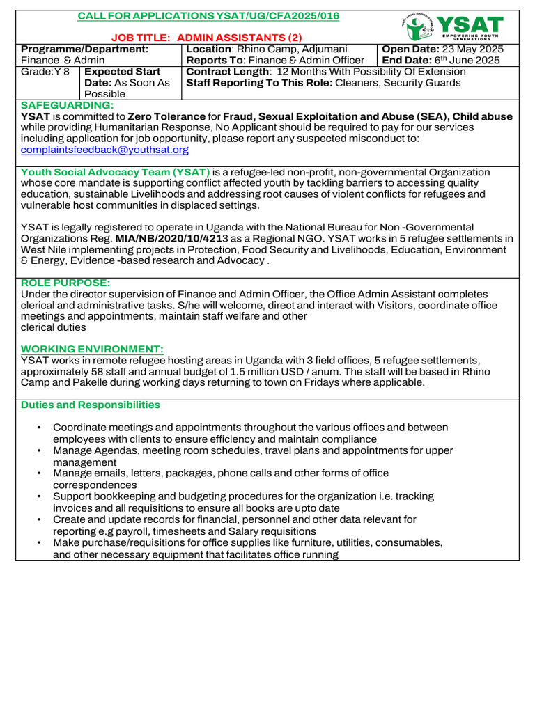Admin Assistant Job Advert HQ Rhino Camp 2025 Final | PDF | Refugee ...