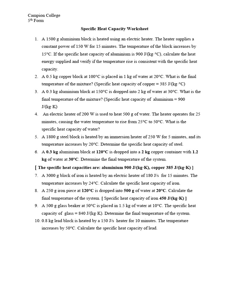 Specific Heat Capacity Problems Worksheet | PDF