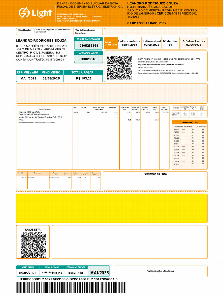 Fatura LIGHT PRIMEIRA VIA | PDF